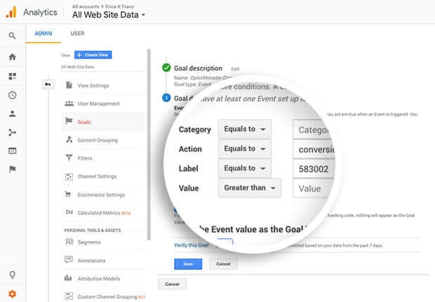 Create OptinMonster Conversions Events & Events Goals in GA